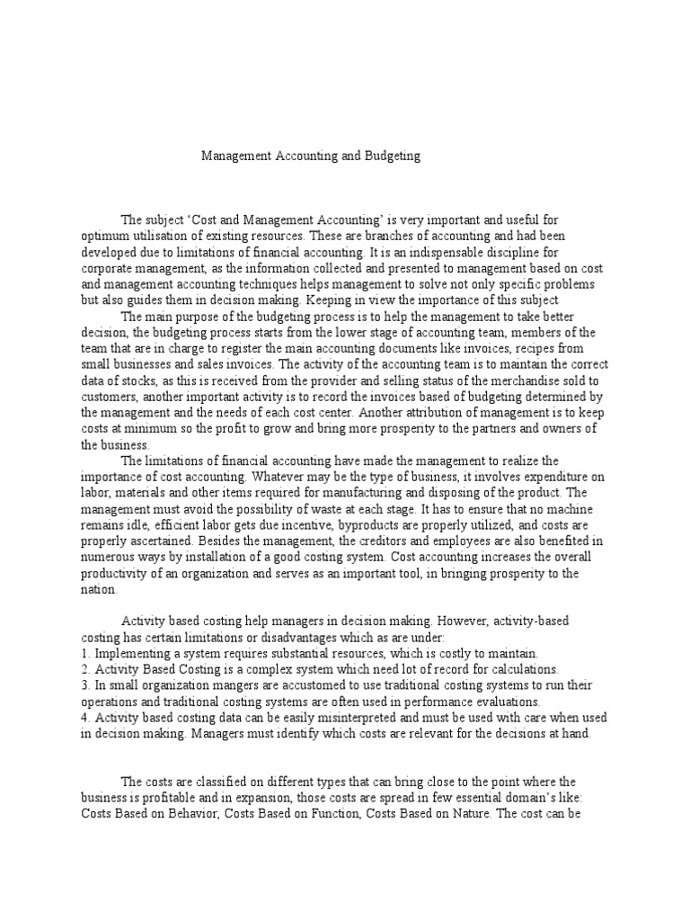 Management Accounting Budgeting And Costing Techniques Pdf Cost