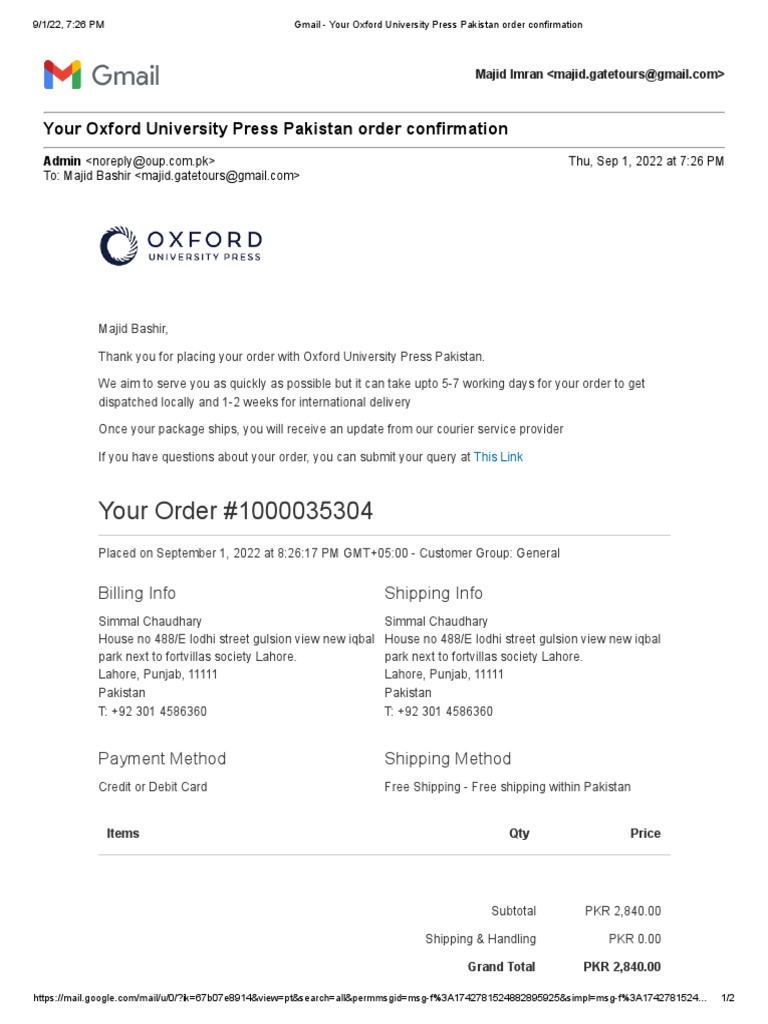 Your Oxford University Press Pakistan Order Confirmation | PDF | Financial Services | Banking