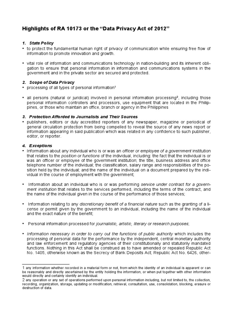 An Overview Of Key Provisions In The Data Privacy Act Of 2012 Pdf