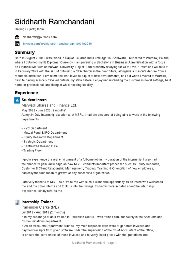 Resume Siddharth Ramchandani | PDF | Stocks | Internship
