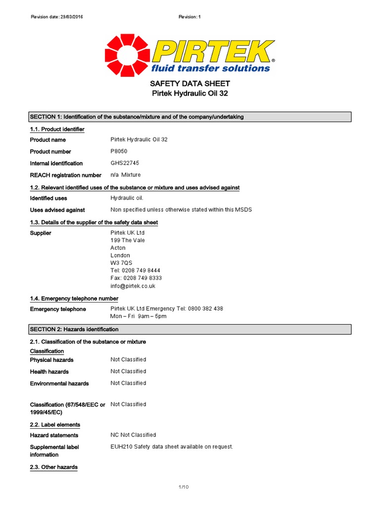 Pirtek Hydraulic Oil 32 SDS22745 | PDF | Toxicity | Waste