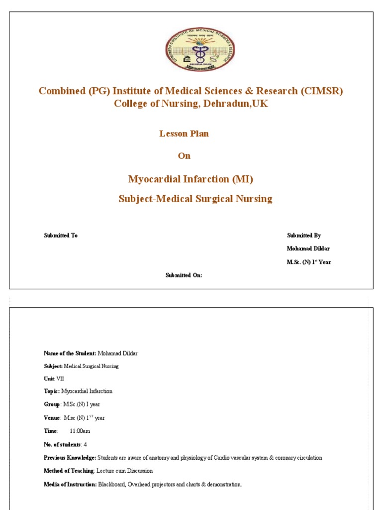 Myocardial Infarction Lesson Plan (PG) Nursing | PDF | Myocardial ...