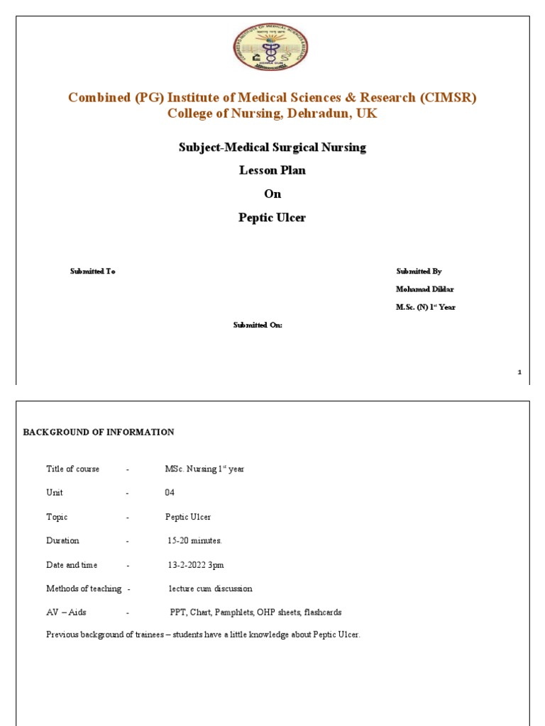 LESSON PLAN - Peptic Ulcer - MD | PDF | Stomach | Digestive System