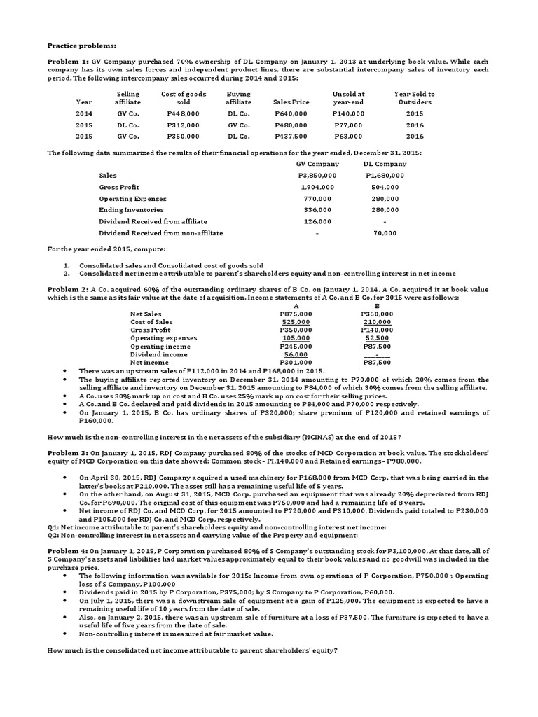 Practice Problems (Business Combination - Intercompany Sales Transactions) PDF | Download Free ...