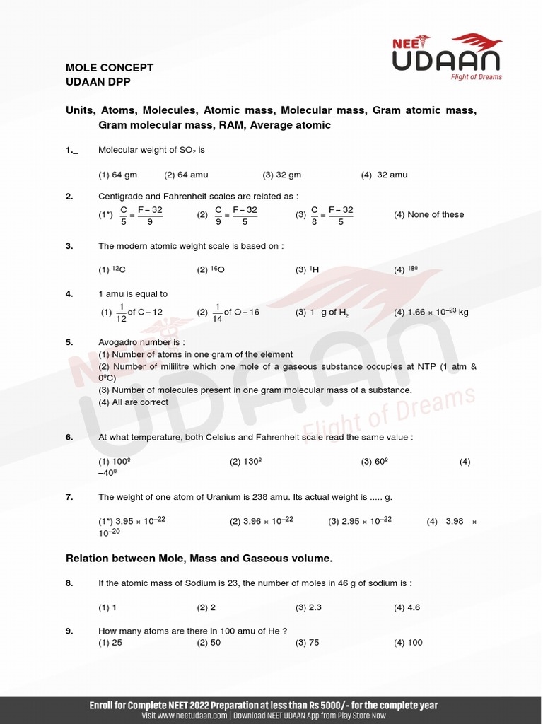 Mole Concept Udaan DPP | PDF | Concentration | Mole (Unit)