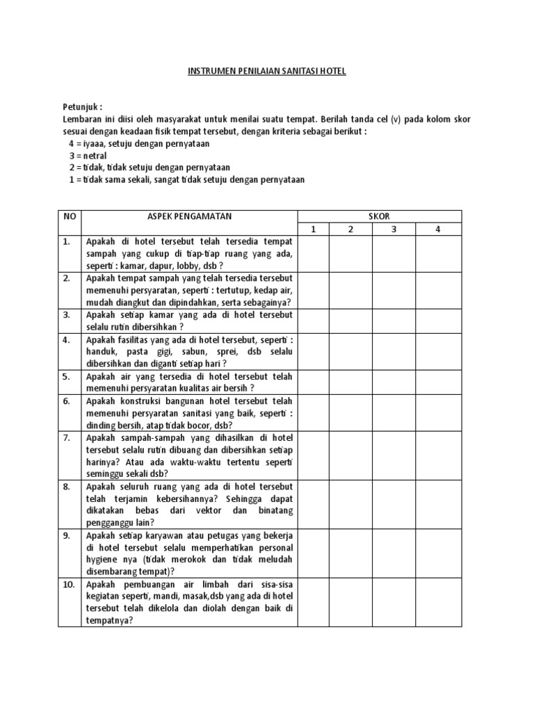 Instrumen Penilaian Sanitasi Hote1 | PDF