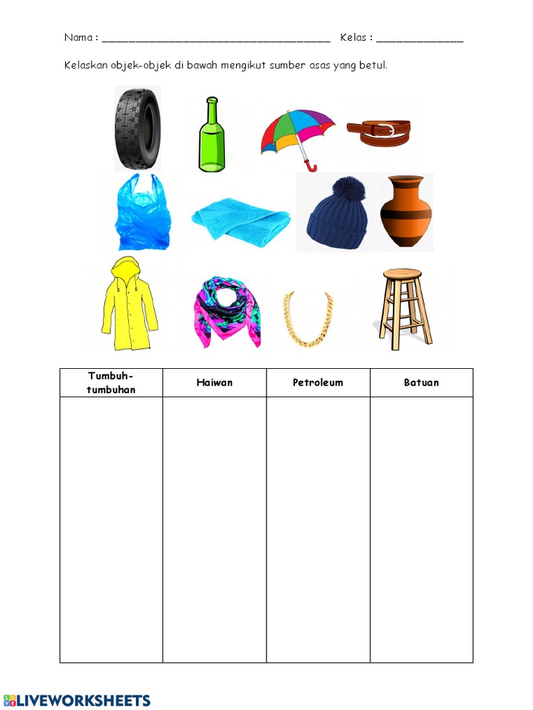 Nama: - Kelas: - Kelaskan Objek-Objek Di Bawah Mengikut Sumber Asas ...