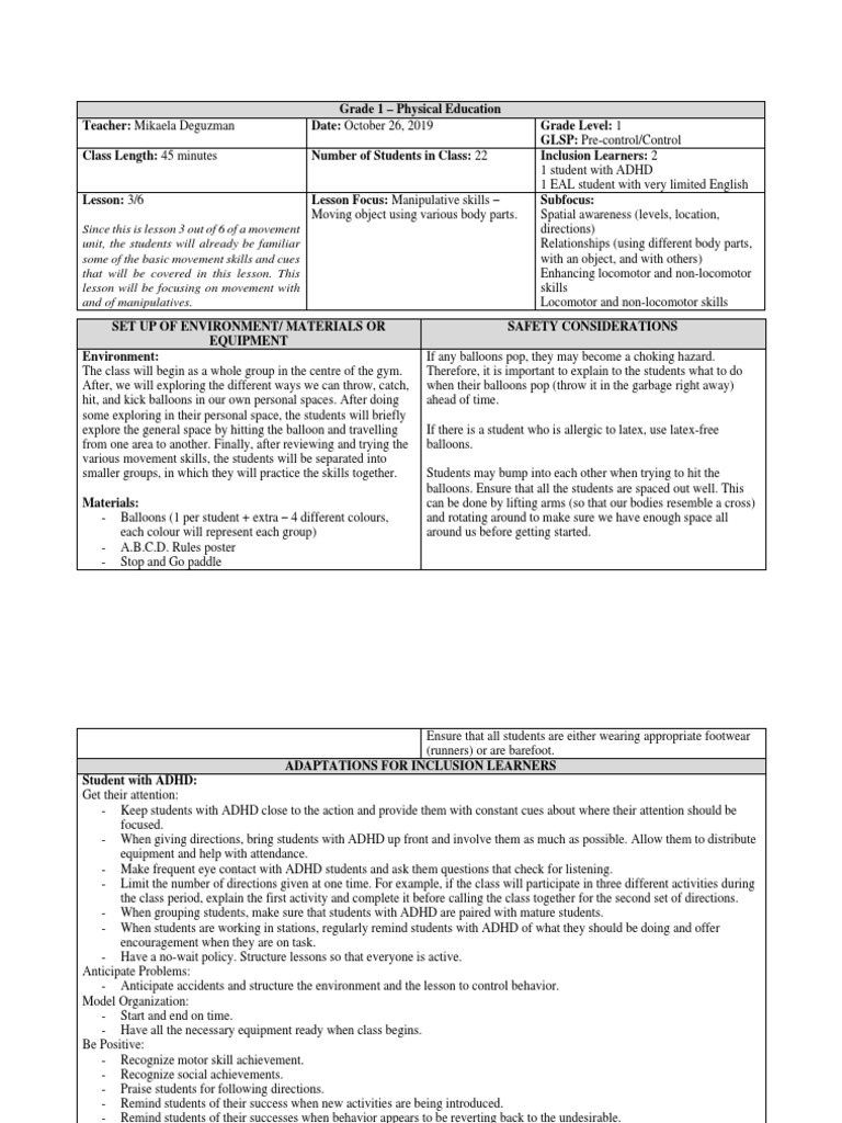 Grade 1 Manipulative Skills Lesson Plan | PDF | Physical Education ...