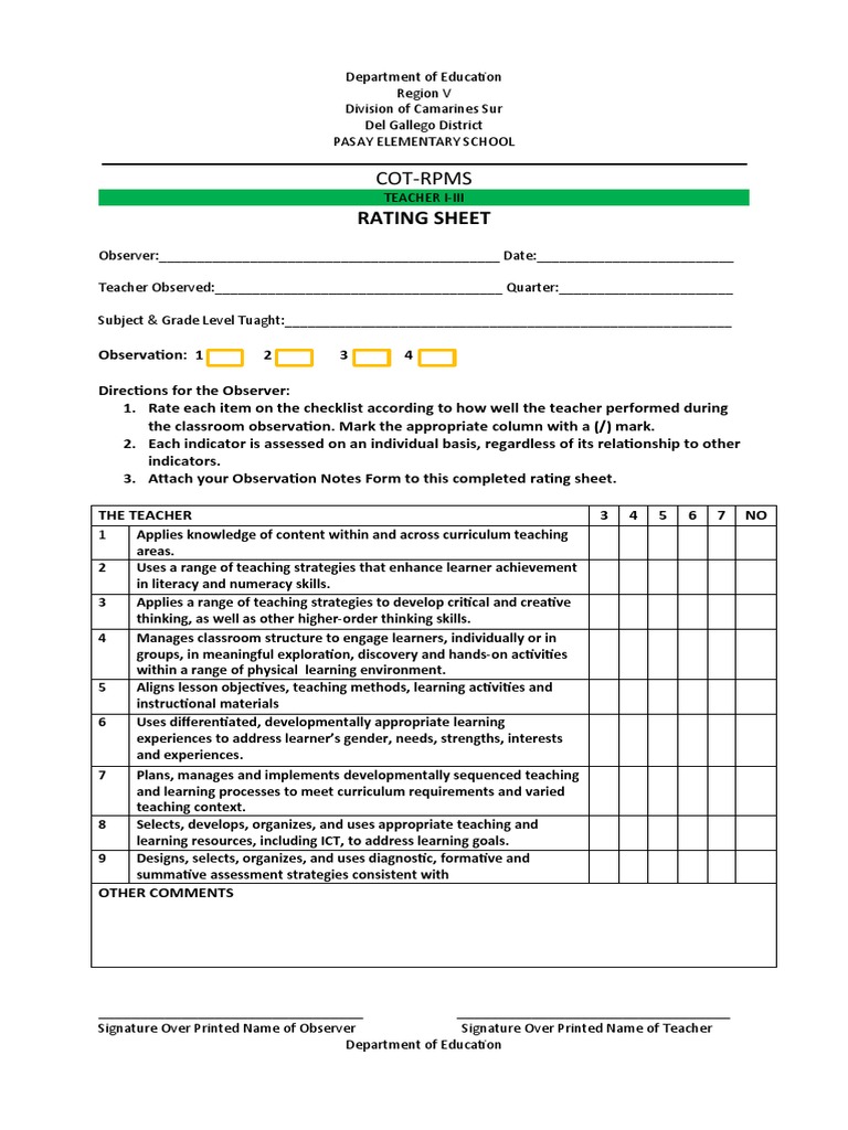Observation Rating Sheet | PDF | Learning | Teachers