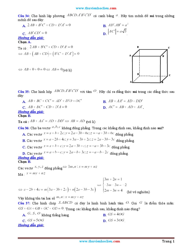 90 Cau Trac Nghiem Vecto Trong Khong Gian Co Dap An | PDF