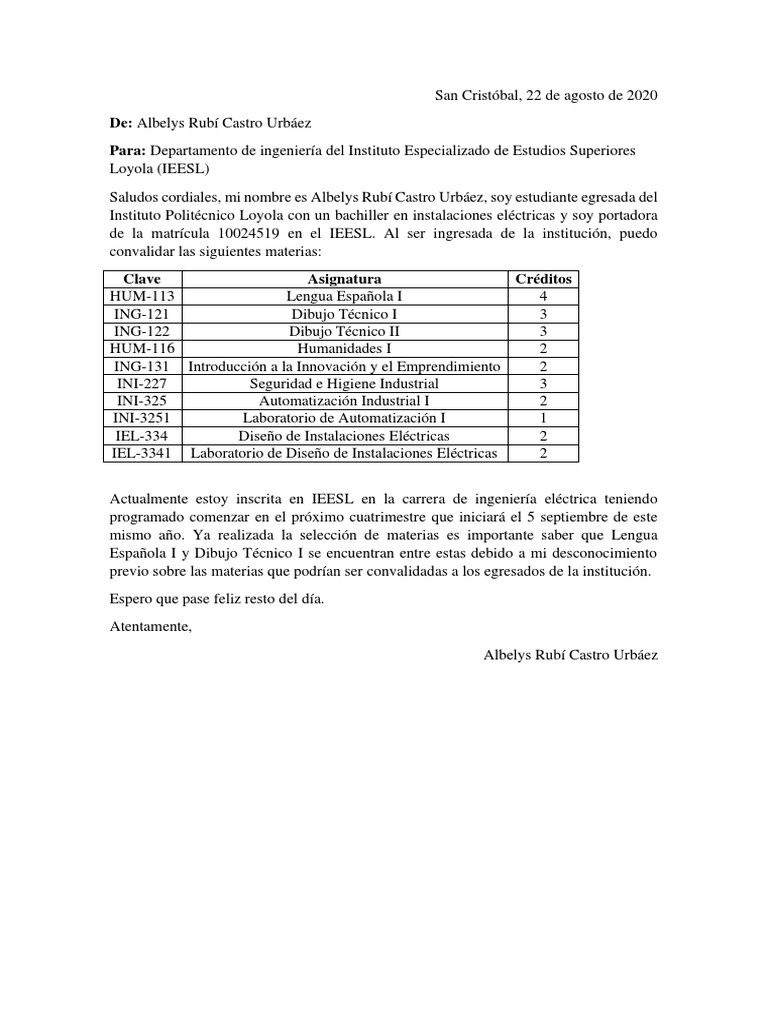 Carta para Convalidación | PDF