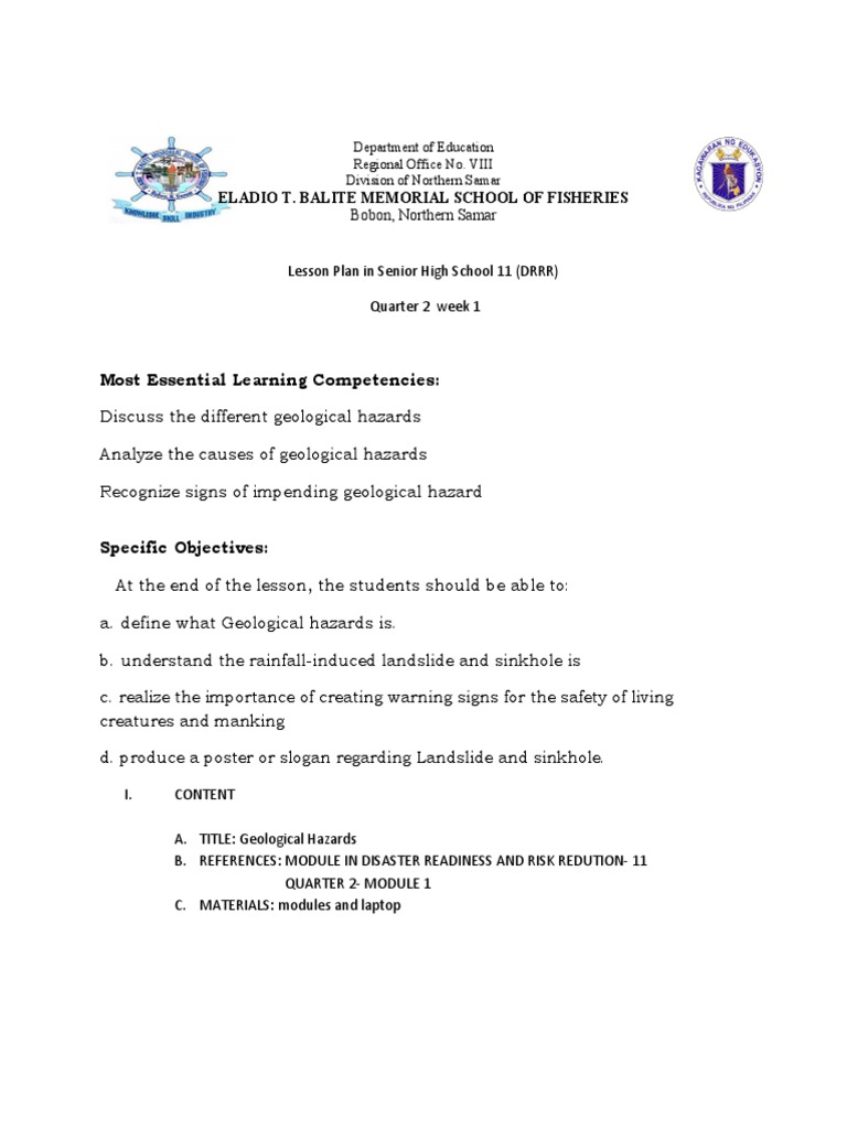 DRRR Lesson Plan Q2 Week 1 | PDF | Landslide | Sinkhole