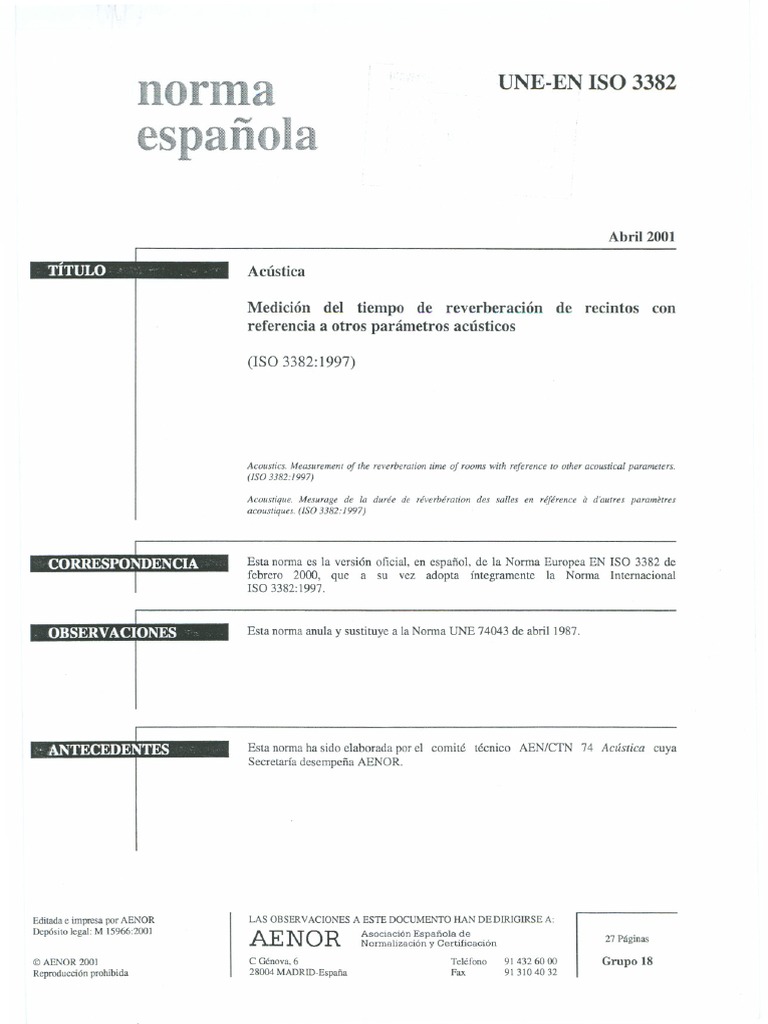 Medición del tiempo de reverberación ISO 3382 | PDF | Micrófono | Decibel
