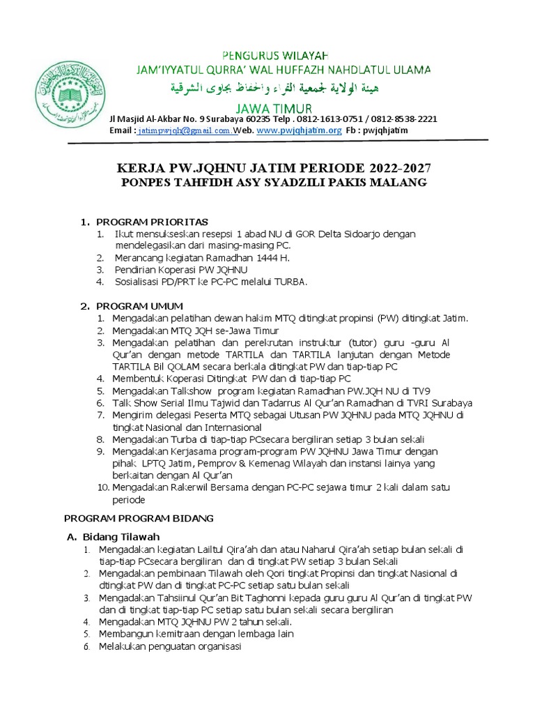 Rencana Kerja PW JQHNU Jatim 2022-2027 | PDF