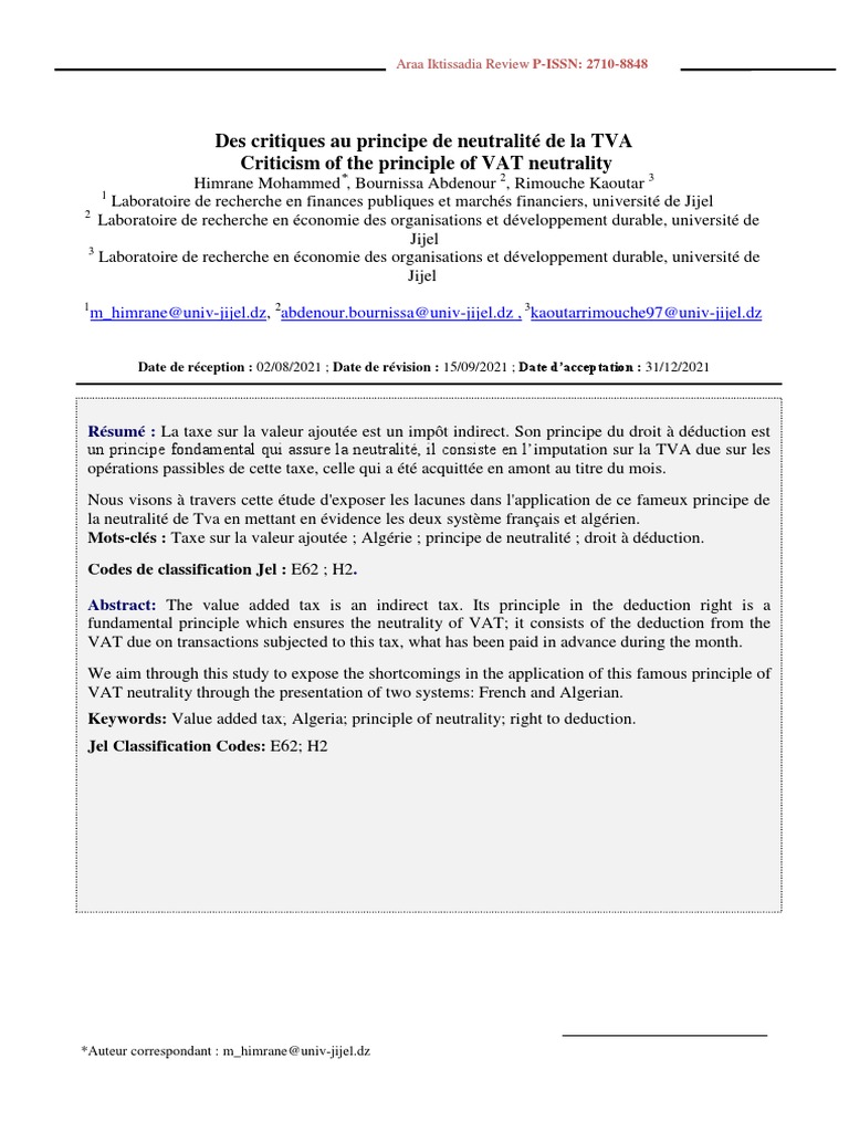 Des Critiques Au Principe de Neutralité de La TVA. | PDF | Taxe sur la ...