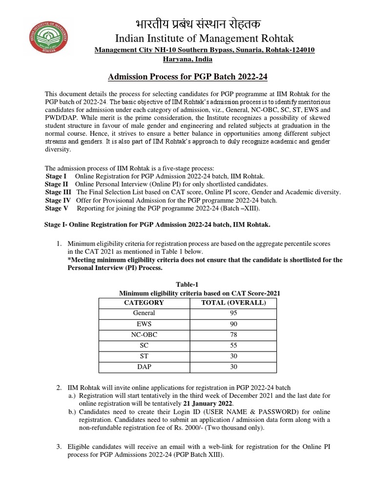Pgpadmission in India With Examples Like Iim Rohtak | PDF