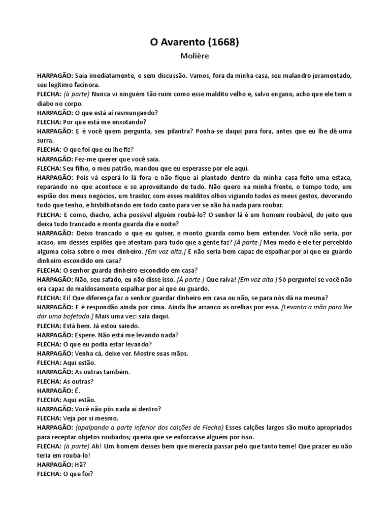 CENA O Avarento - Molière | PDF