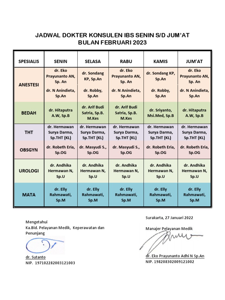 Jadwal Dokter Konsulen Ibs Februari 2023 | PDF