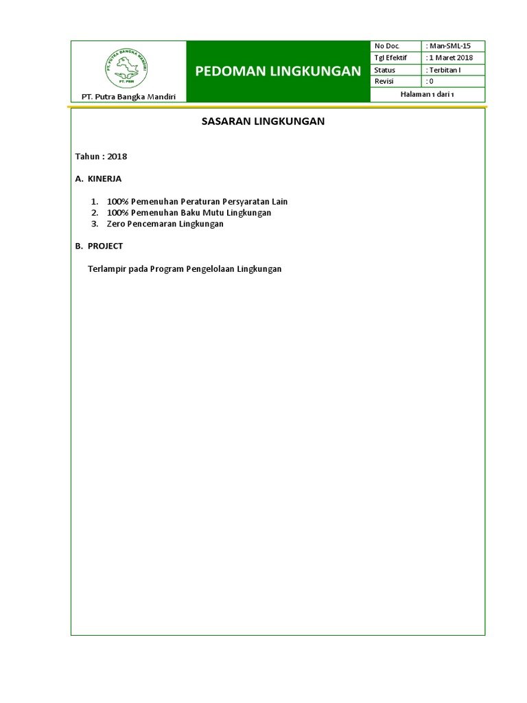 Sasaran Lingkungan PT. Putra Bangka 2018 | PDF