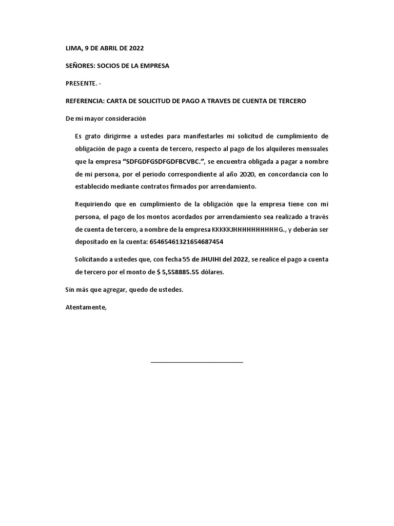 Carta Modelo Solicitud de Pago Cuenta Tercero | PDF