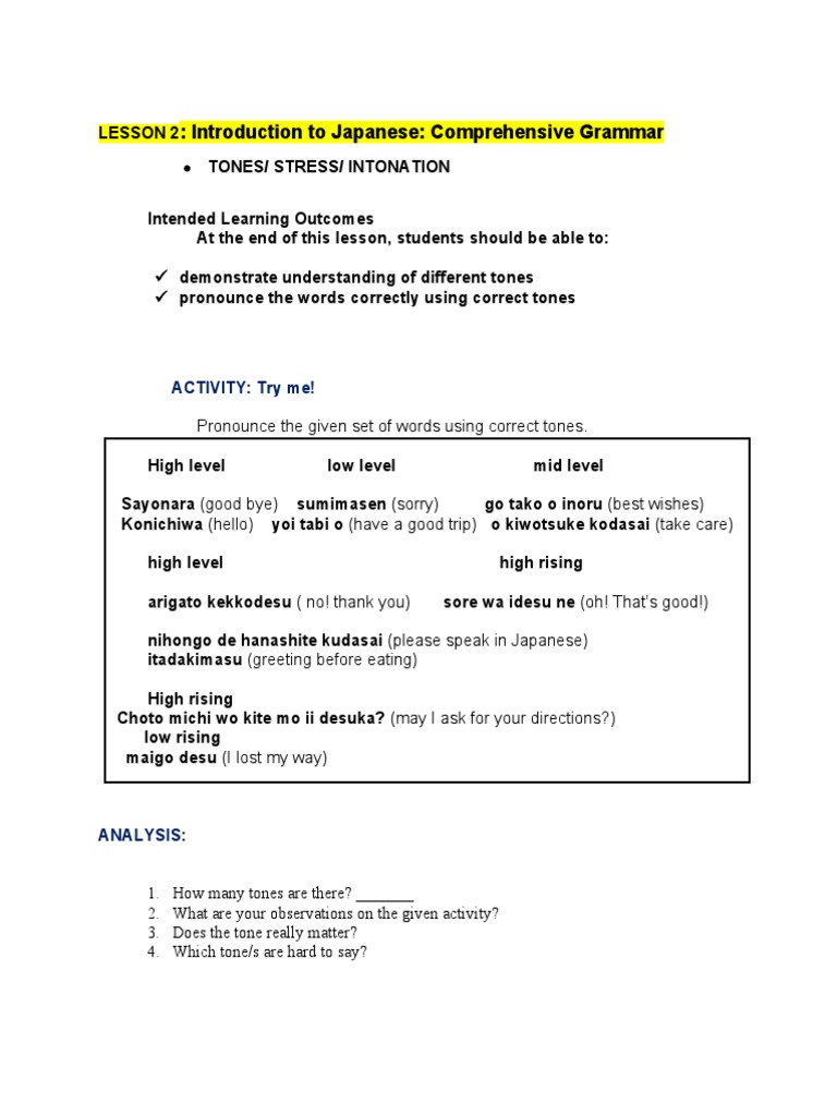 Lesson 2 | PDF | Tone (Linguistics) | Japanese Language