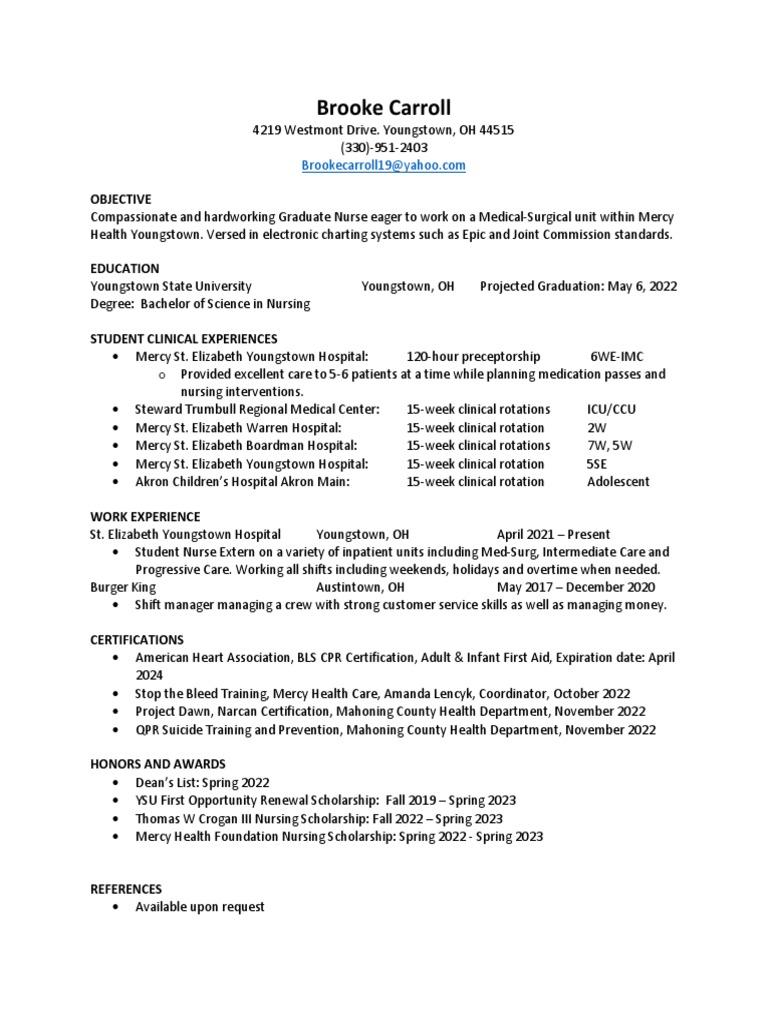 Carroll Resume Revised | PDF | Nursing | Hospital