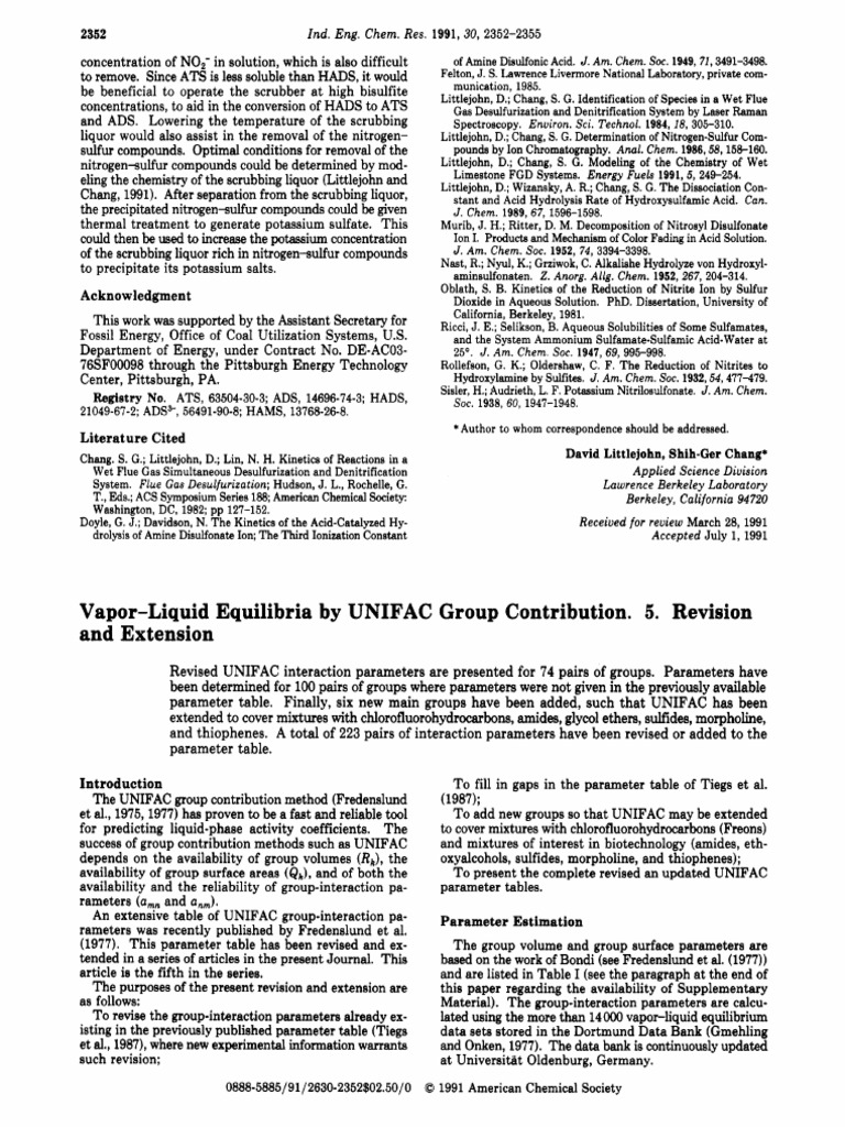 Revised UNIFAC Group Contribution Parameters for Vapor-Liquid ...