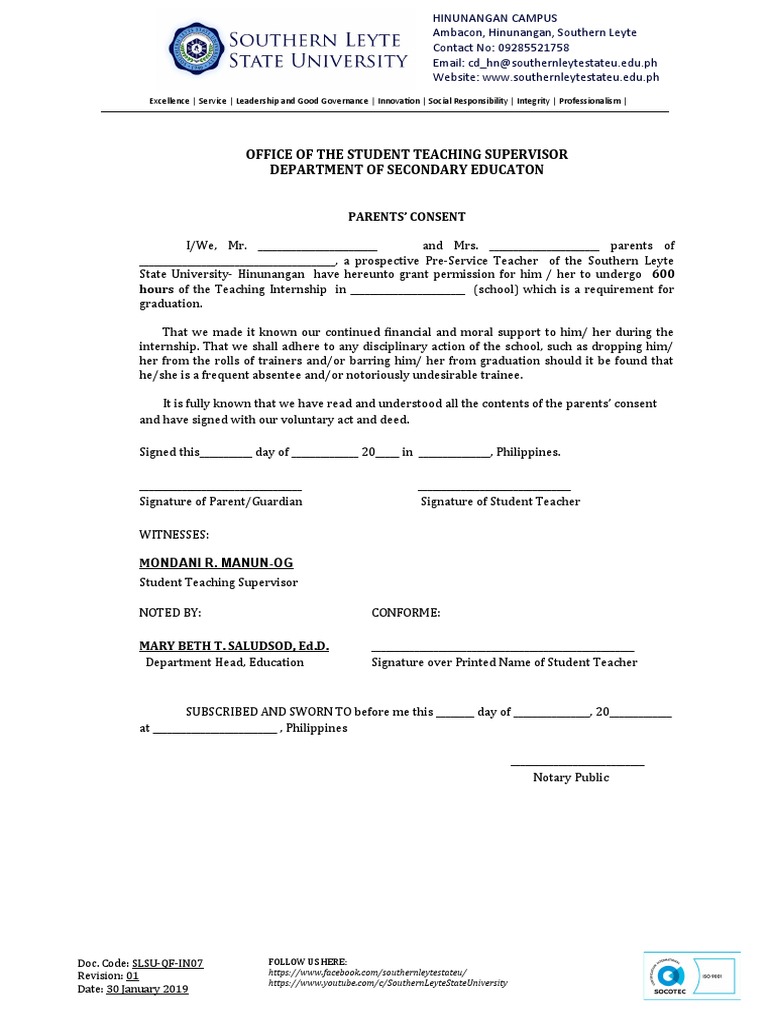 QF In07 Ojt Parents Consent | PDF