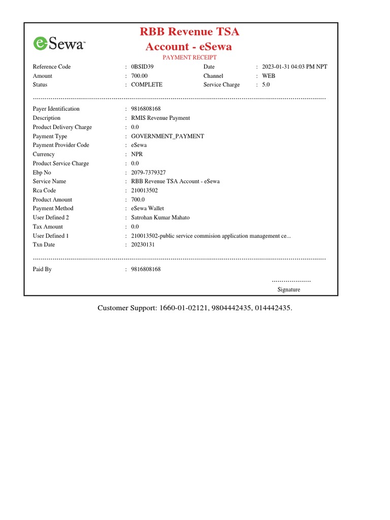 RBB Revenue TSA Account - ESewa 2023-01-31 | PDF