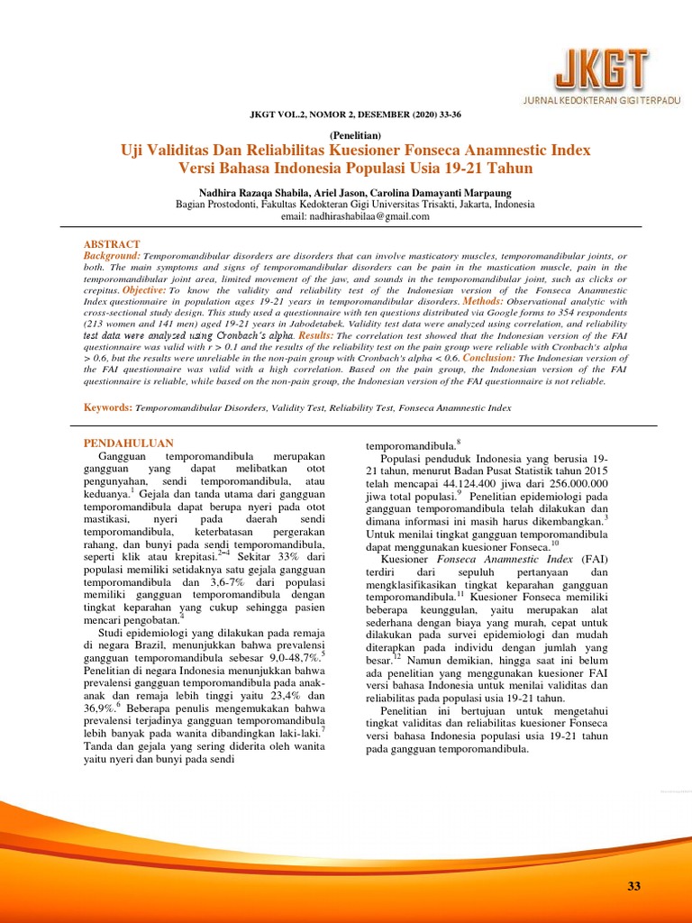 Uji Validitas Dan Reliabilitas Kuesioner Fonseca Anamnestic Index Versi ...