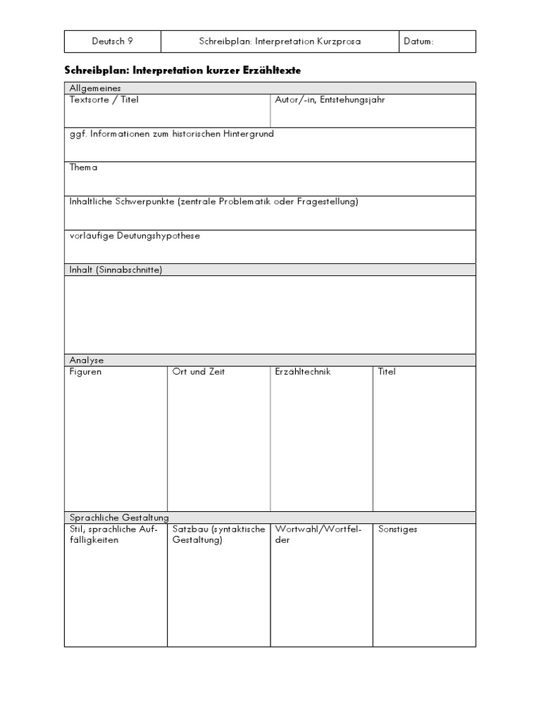 Schreibplan Interpretation Kurzgeschichte | PDF