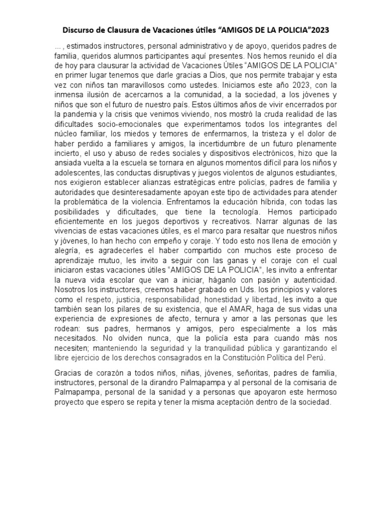 Discurso de Clausura VACACIONES UTILES | PDF | Familia