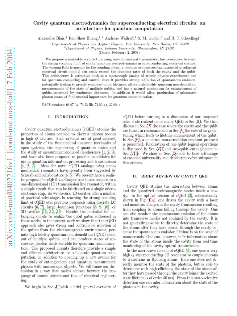 Cavity Quantum Electrodynamics For Superconducting Electrical Circuits - An Architecture For ...