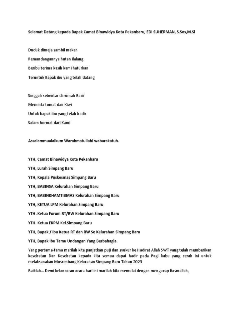 Teks MC Musrenbang Kelurahan 2023 | PDF
