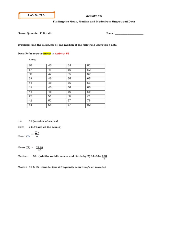 Lesson 4 Measure of Central Tendency or Position Activity 67 | PDF | Mean | Median