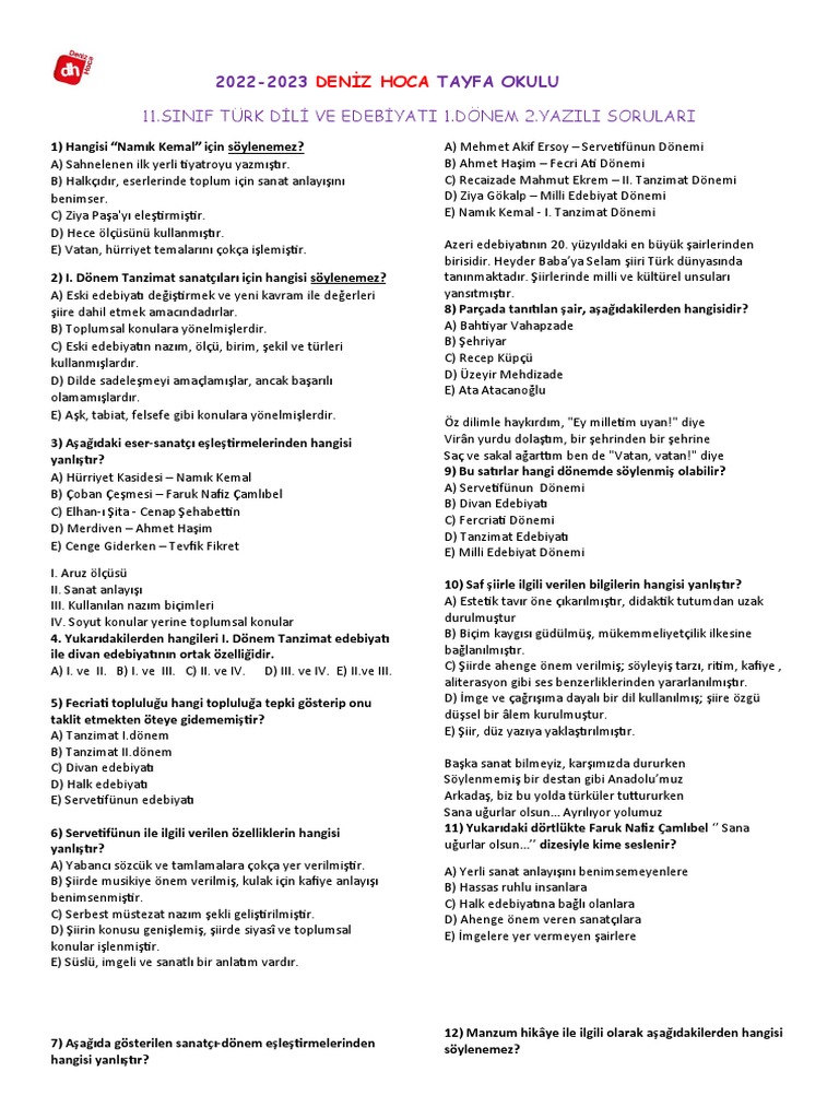 11.sinif TDE 1.donem 2.yazili Soru Ve Cevaplar 2022 | PDF