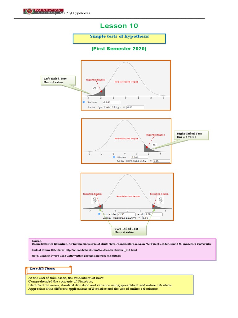 Lesson 10 Simple Test of Hypothesis | PDF | Type I And Type Ii Errors ...