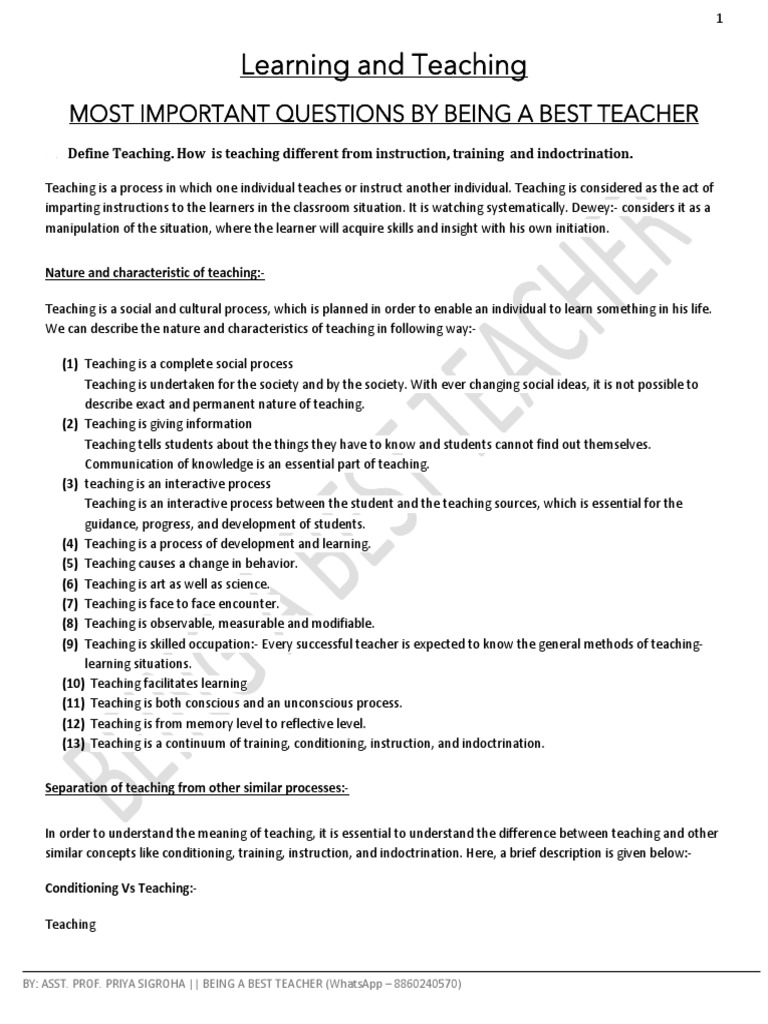 Learning and Teaching Important Questions by Being A Best Teacher | PDF ...