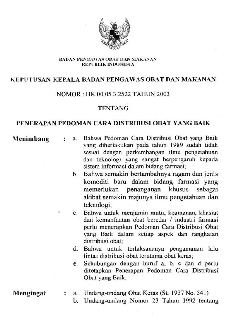 Keputusan Kep BPOM 2003 Pedoman Teknis CDOB | PDF