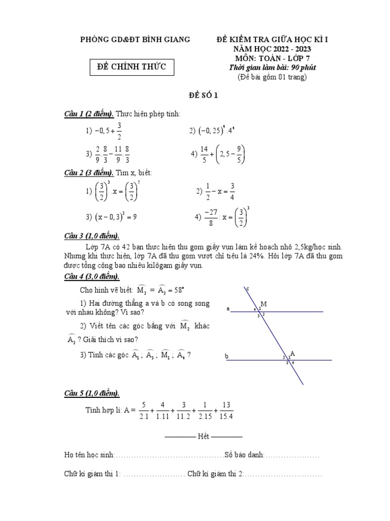 De Giua Hoc Ki 1 Toan 7 Nam 2022 2023 Phong GDDT Binh Giang Hai Duong | PDF
