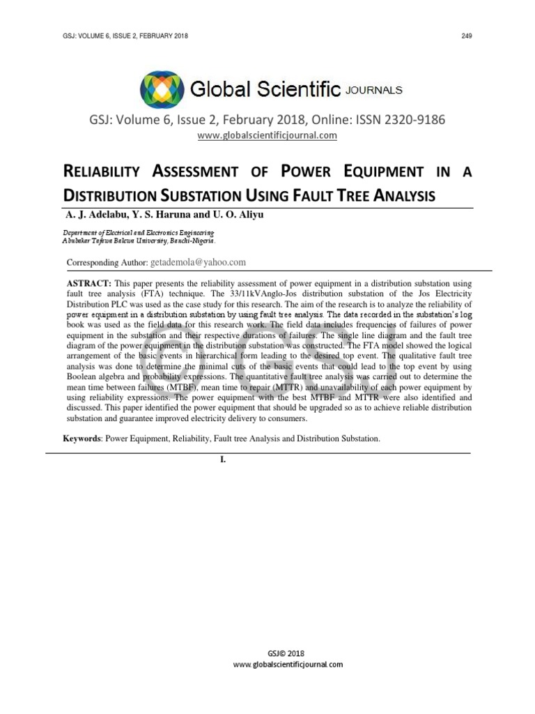 Reliability Assessment of Power Equipment in A Distribution Substation Using Fault Tree Analysis ...