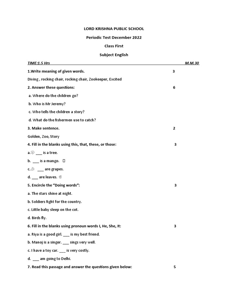 ENGLISH Exam Class 1st | PDF