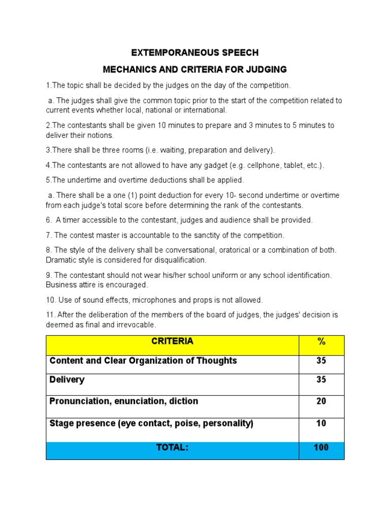 Judging Criteria for Extemporaneous Speech | PDF