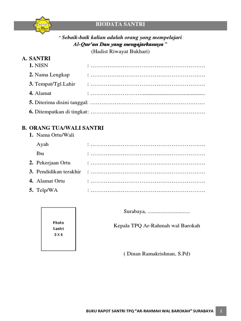 Contoh Isi Rapot TPQ/TKQ/TQA/RTQ/Paud Qu/LPQ | PDF