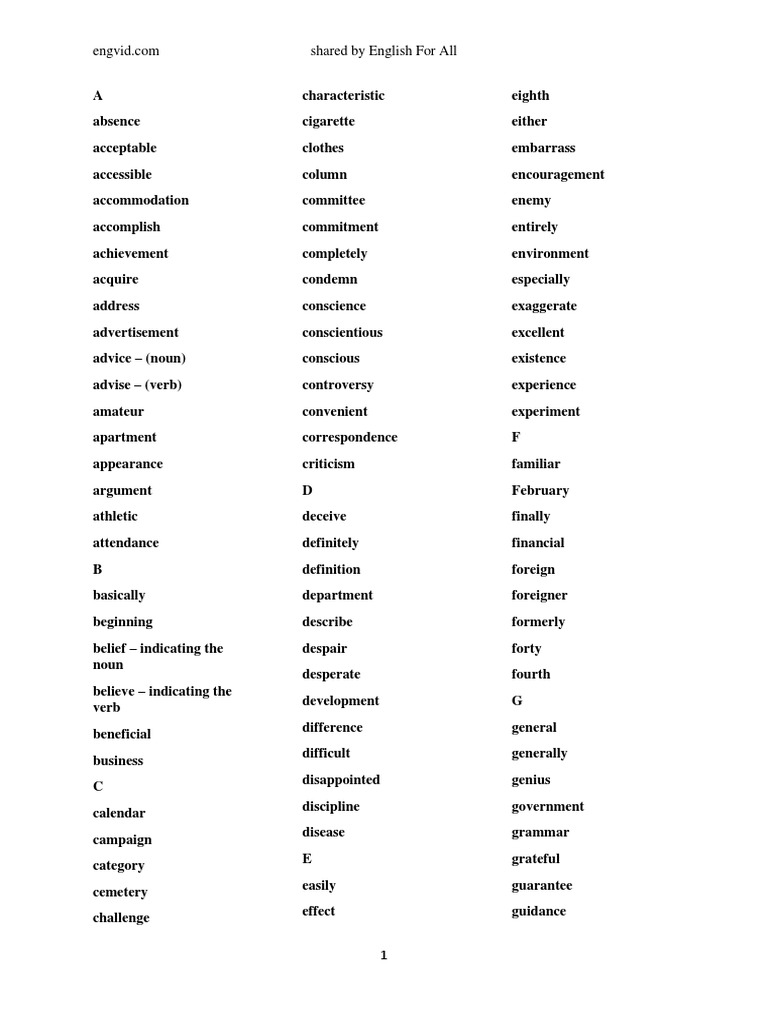 240 Common Spelling in English | PDF | Linguistics