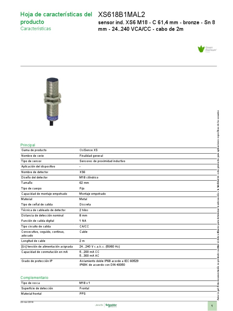 Sensor Inductivo XS618B1MAL2 | PDF | Electricidad | Ingenieria Eléctrica