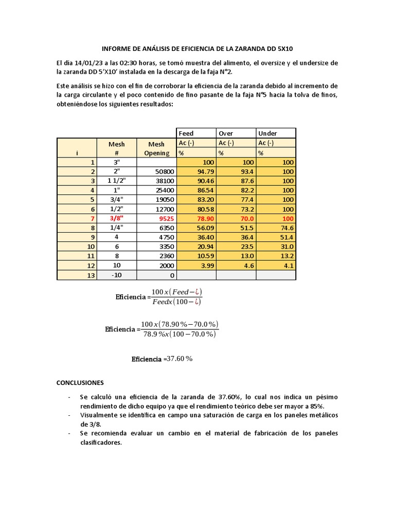 Informe de Análisis de Eficiencia de La Zaranda DD 5X10 | PDF | Tecnología