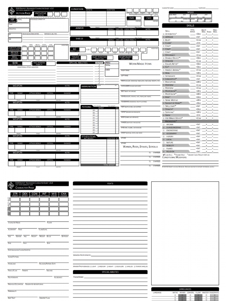 d20 Despot Advanced Character Sheet v3 For PFRPG - Non-Caster | PDF