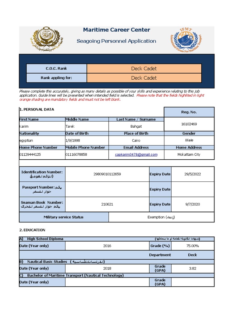 Deck Cadet Application Form | PDF | Ships | Shipping