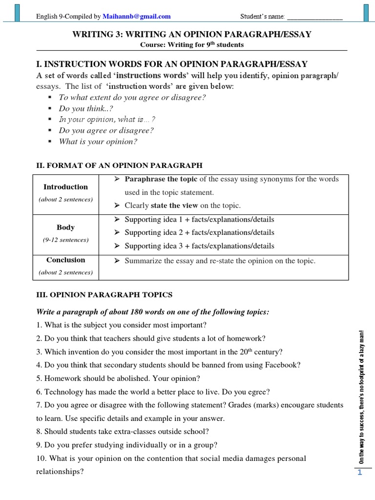 Writing Opinion Paragraphs for Students | PDF | Essays | Paragraph